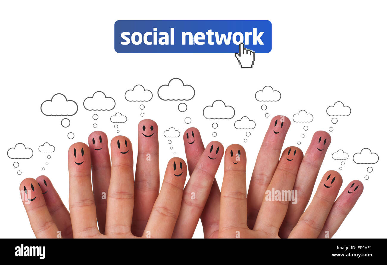 Happy group of finger smileys with social network icon Stock Photo - Alamy