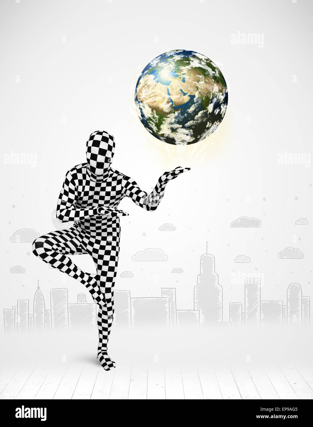 man in full body suit holding planet earth Stock Photo - Alamy