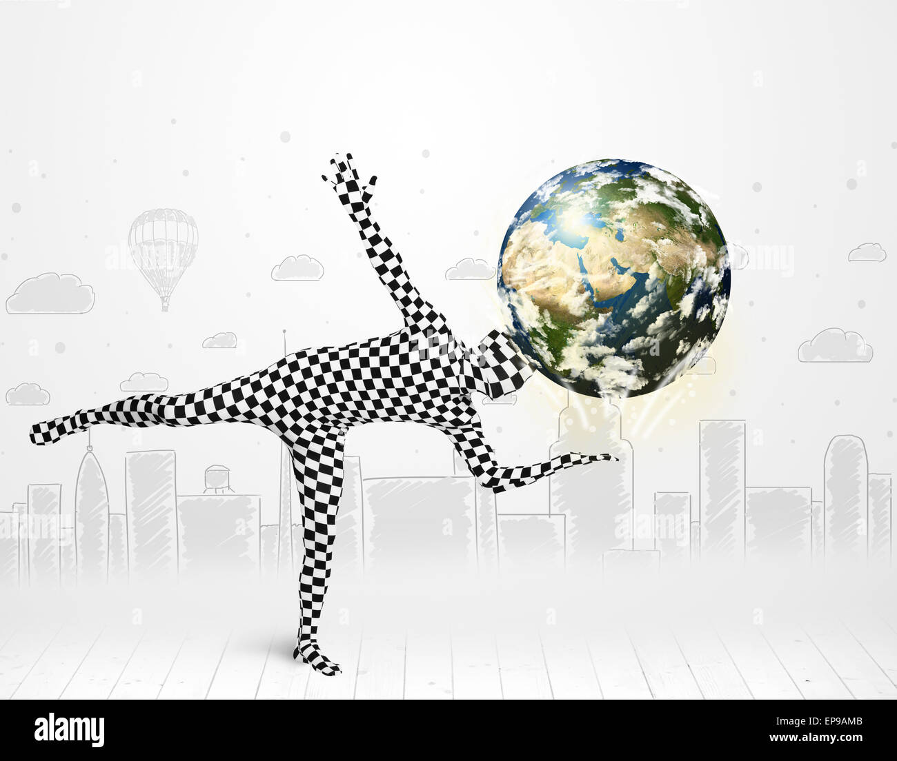 man in full body suit holding planet earth Stock Photo - Alamy