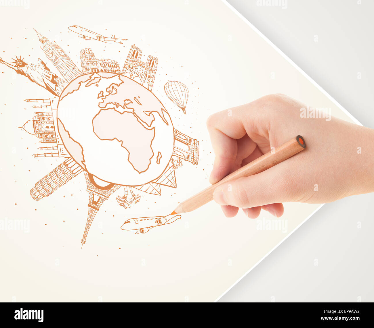 Hand drawing vacation trip around the earth with landmarks and cities ...