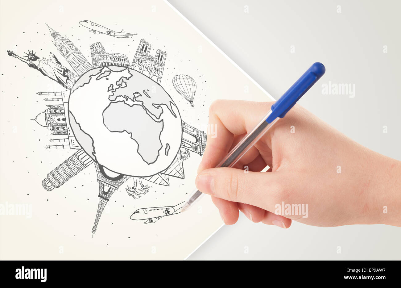 Hand drawing vacation trip around the earth with landmarks and cities ...