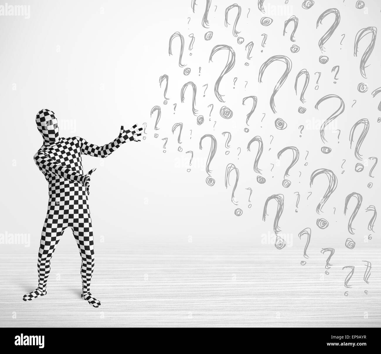 3d human character is body suit looking at hand drawn question marks ...