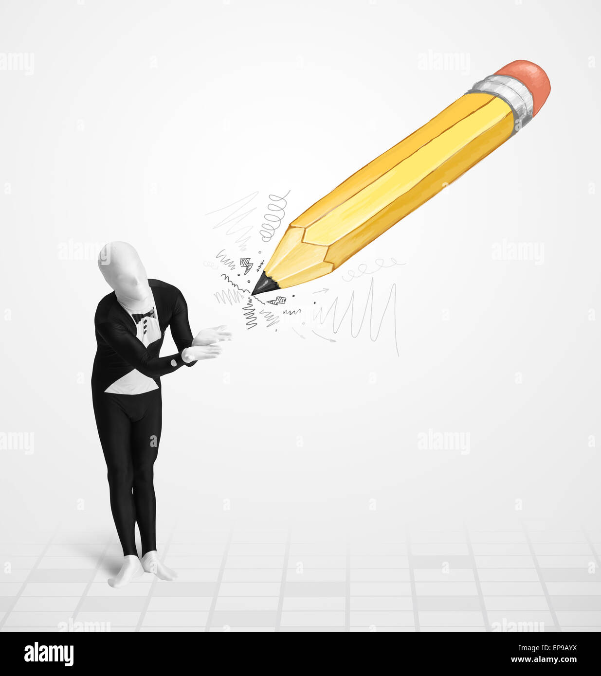 Guy in body mask with a big hand drawn pencil Stock Photo - Alamy