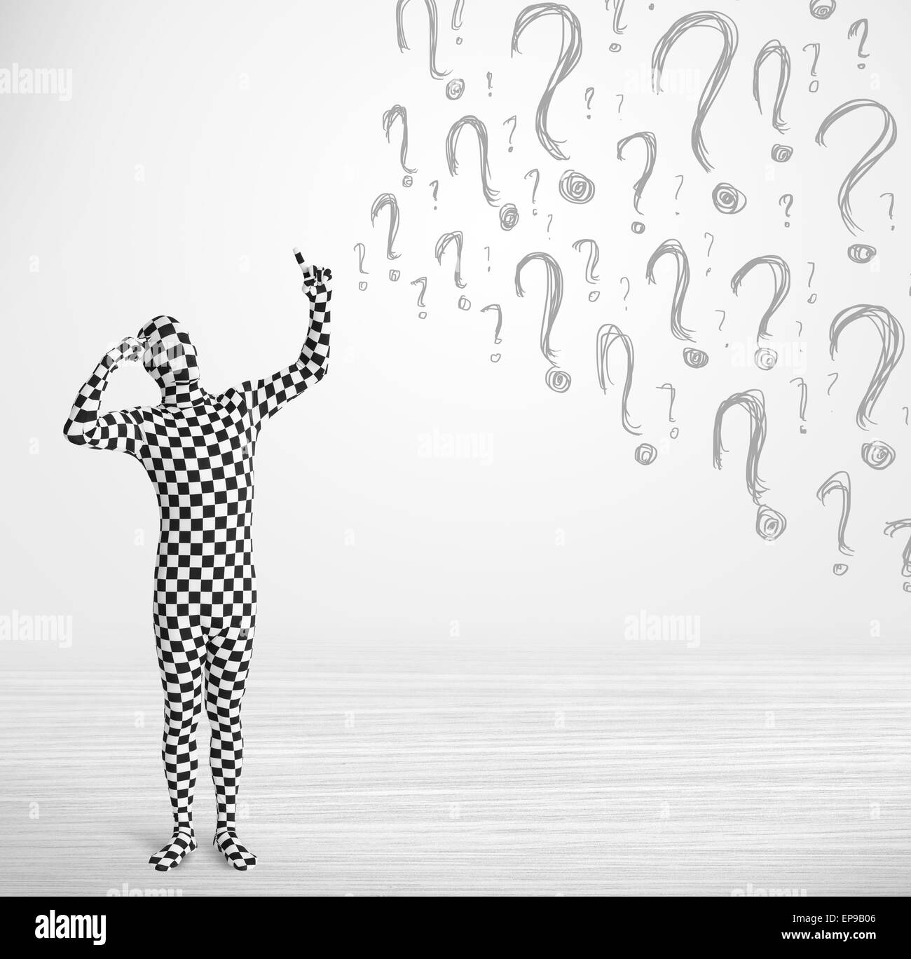 3d human character is body suit looking at hand drawn question marks ...