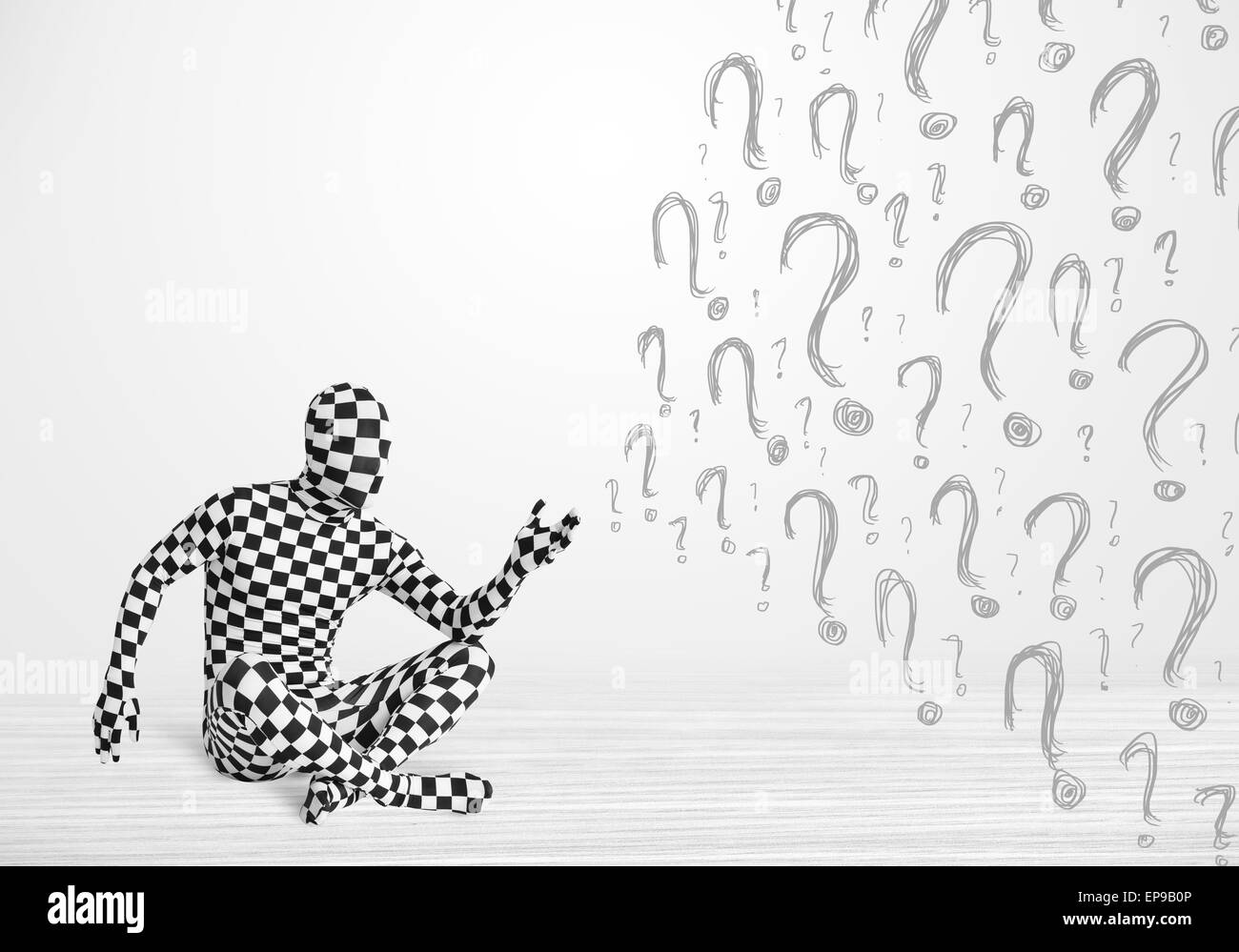 3d human character is body suit looking at hand drawn question marks ...