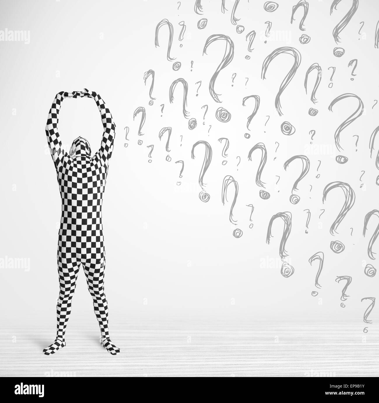 3d human character is body suit looking at hand drawn question marks ...