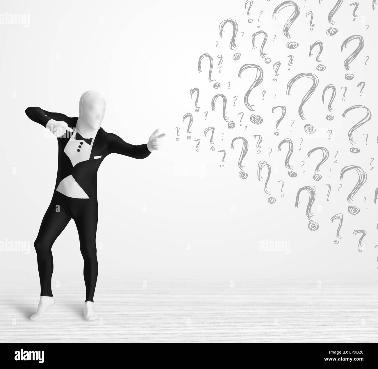 3d human character is body suit looking at hand drawn question marks ...