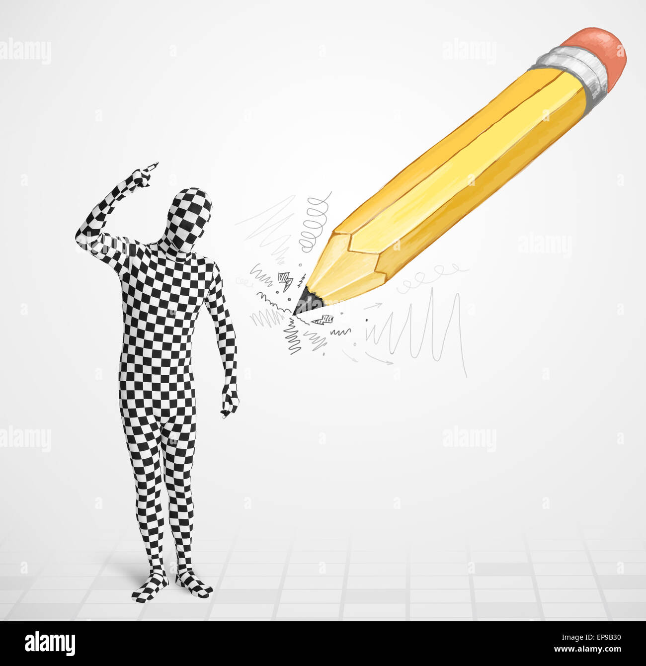 Guy in body mask with a big hand drawn pencil Stock Photo - Alamy
