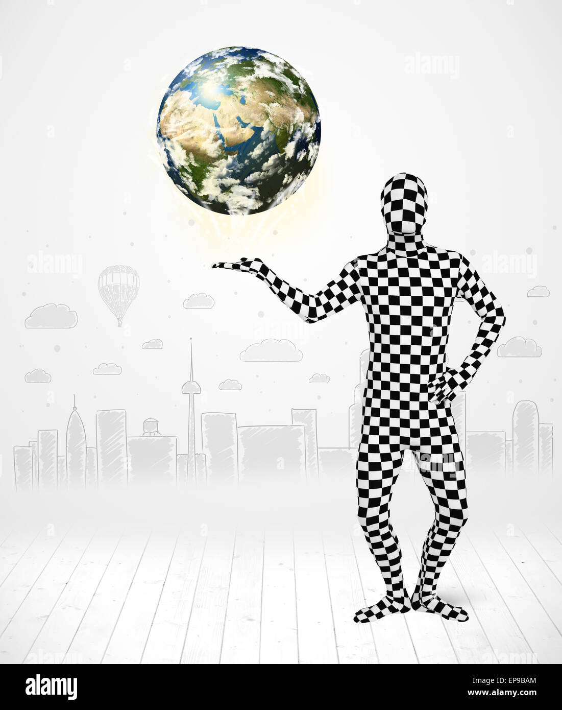 man in full body suit holding planet earth Stock Photo - Alamy