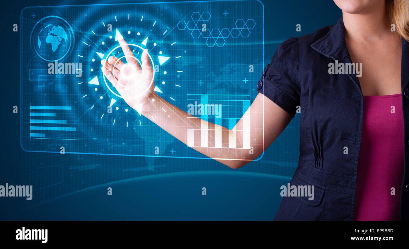 Woman pressing high tech type of modern buttons Stock Photo - Alamy