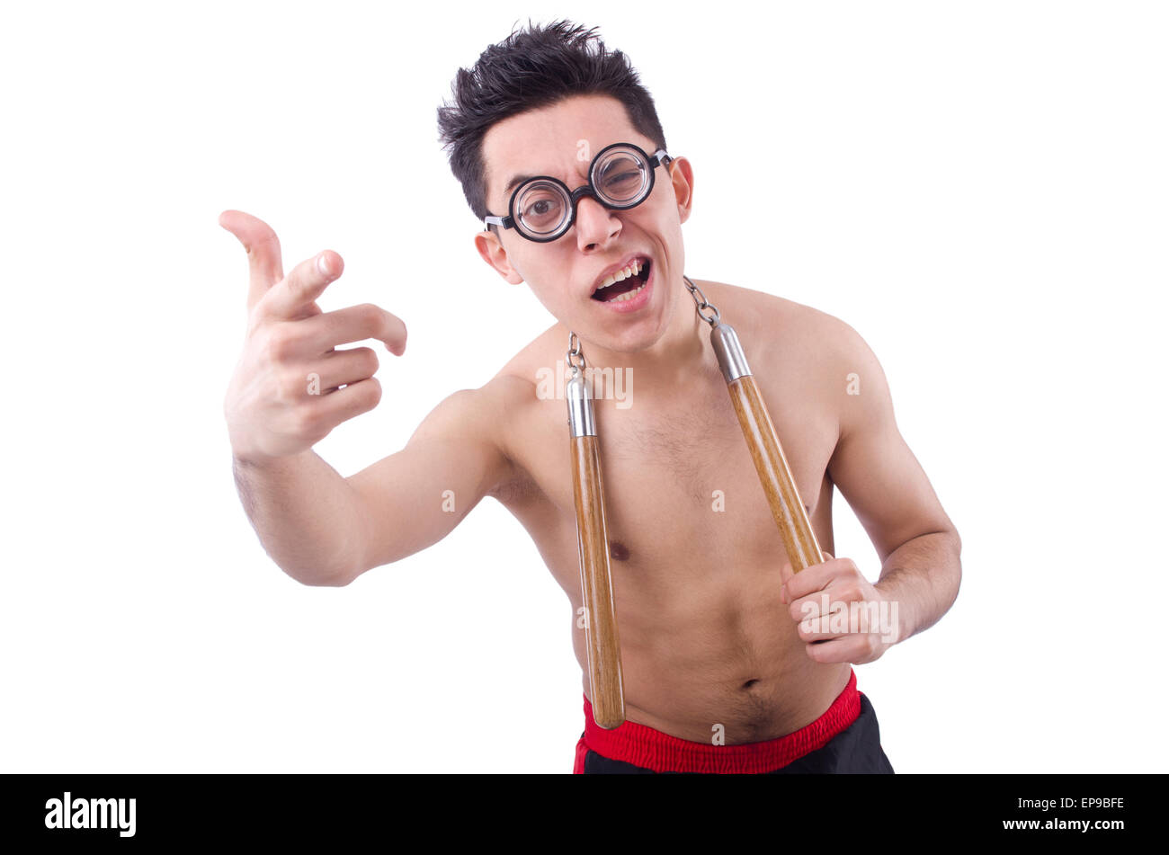 Funny guy with nunchucks on white Stock Photo - Alamy
