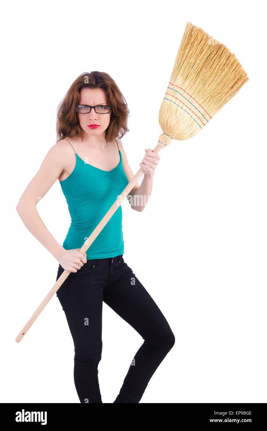 Young woman with broom on white Stock Photo - Alamy