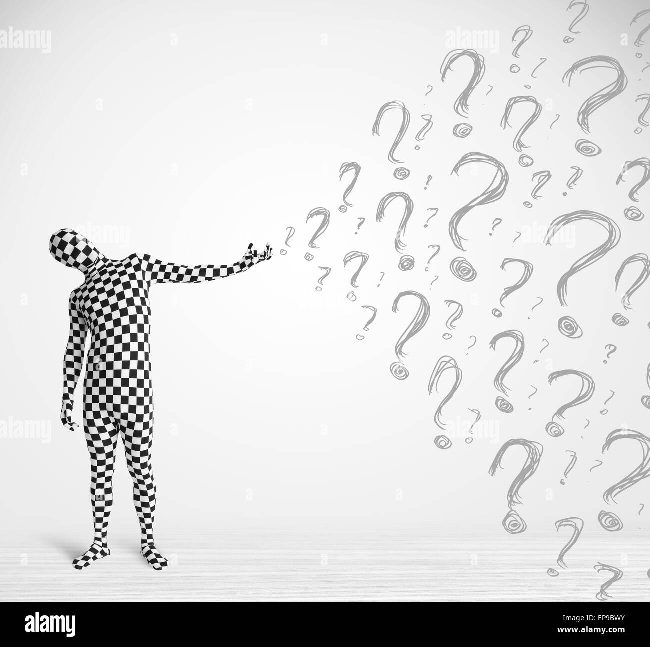 3d human character is body suit looking at hand drawn question marks ...