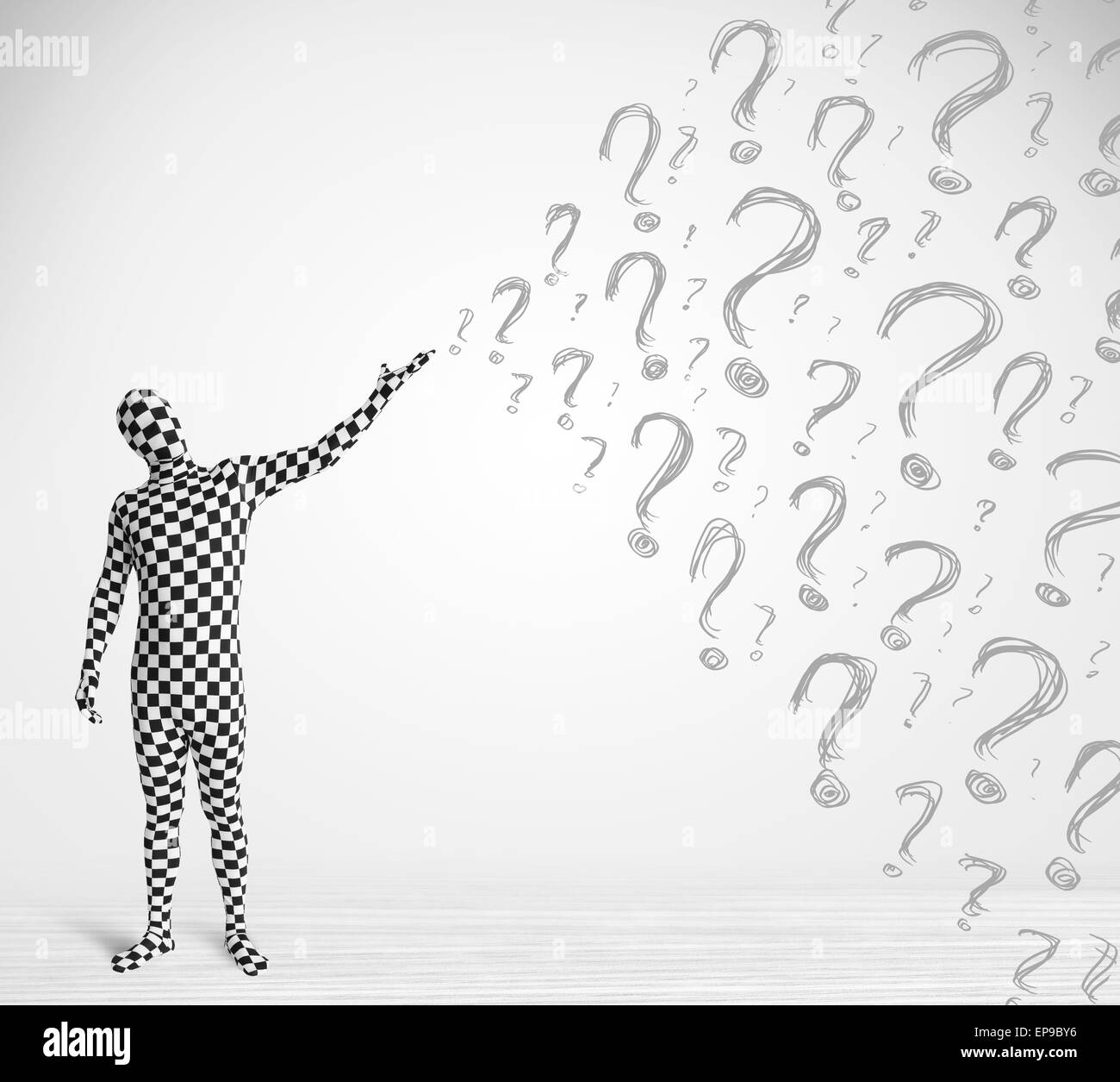 3d human character is body suit looking at hand drawn question marks ...