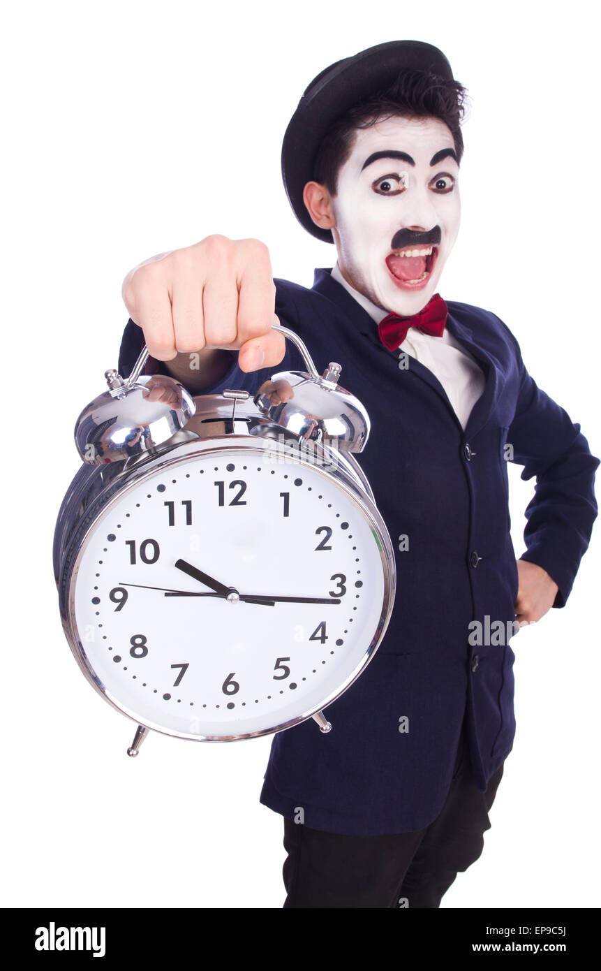 Funny man with clock on white Stock Photo - Alamy