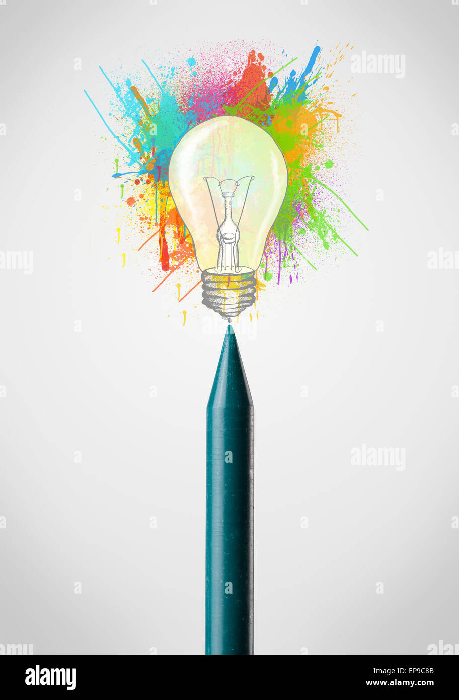 Crayon close-up with colored paint splashes and lightbulb Stock Photo ...
