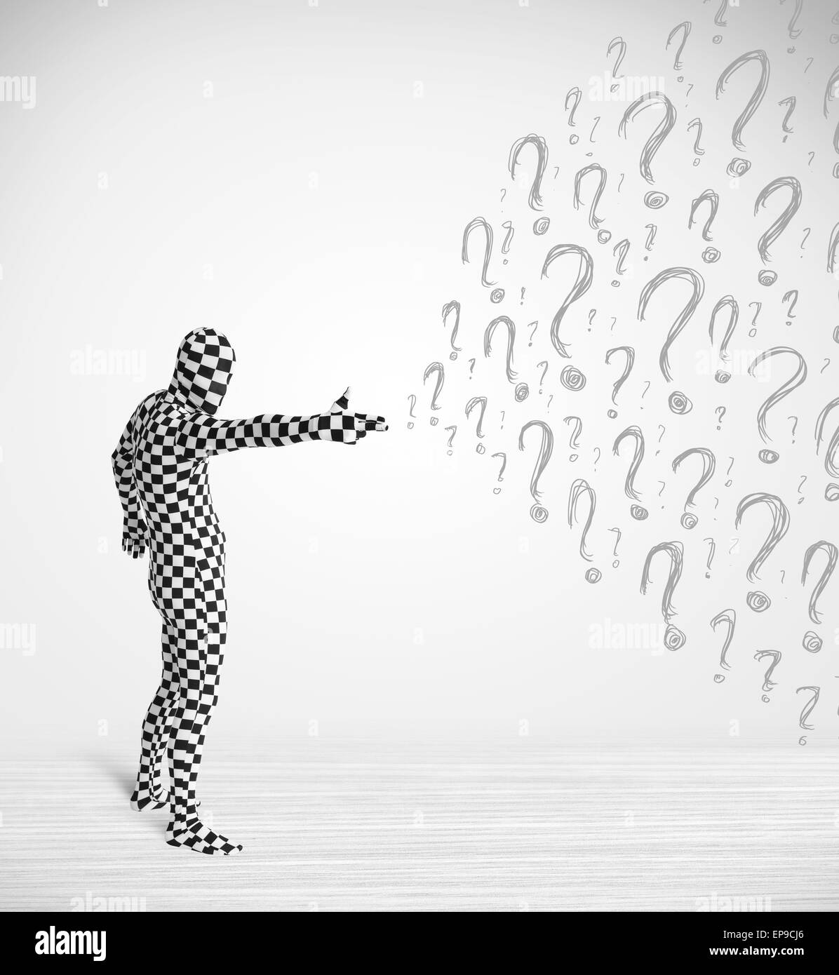 3d human character is body suit looking at hand drawn question marks ...