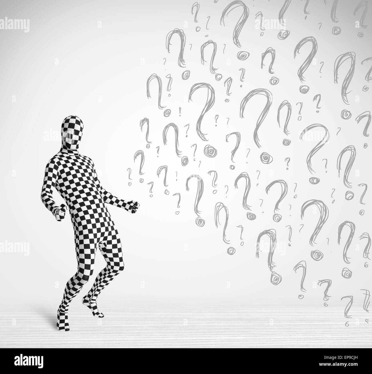 3d human character is body suit looking at hand drawn question marks ...