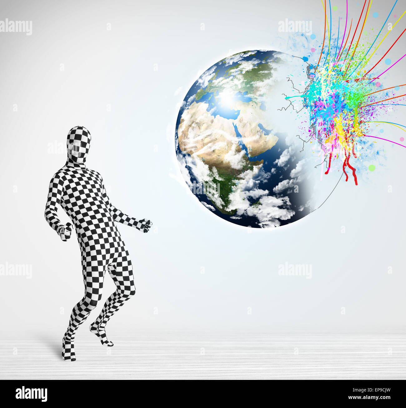 Funny man in body suit looking at colorful splatter earth Stock Photo ...