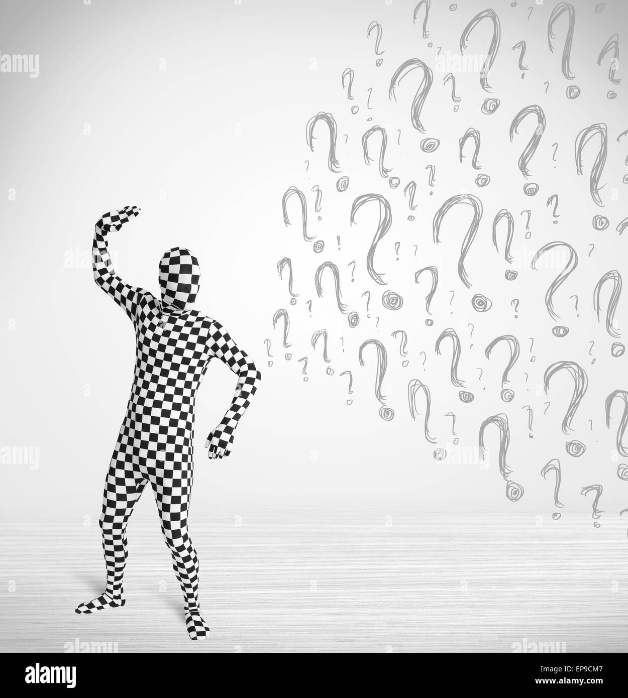 3d human character is body suit looking at hand drawn question marks ...