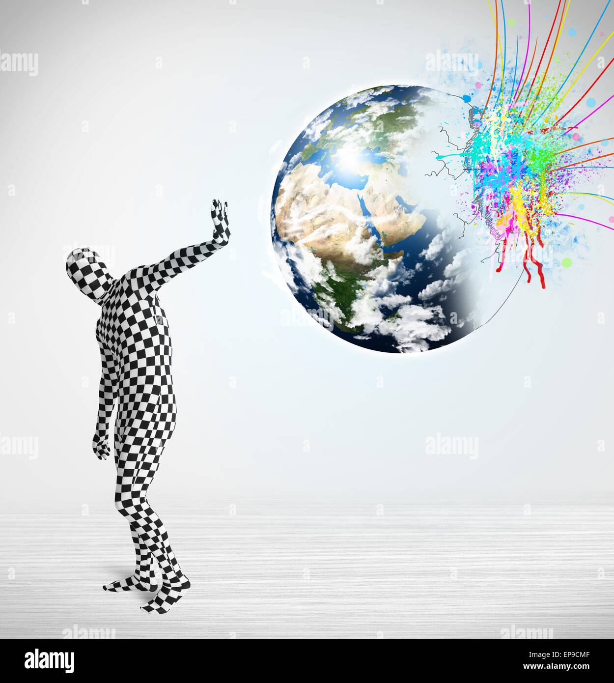 Funny man in body suit looking at colorful splatter earth Stock Photo ...