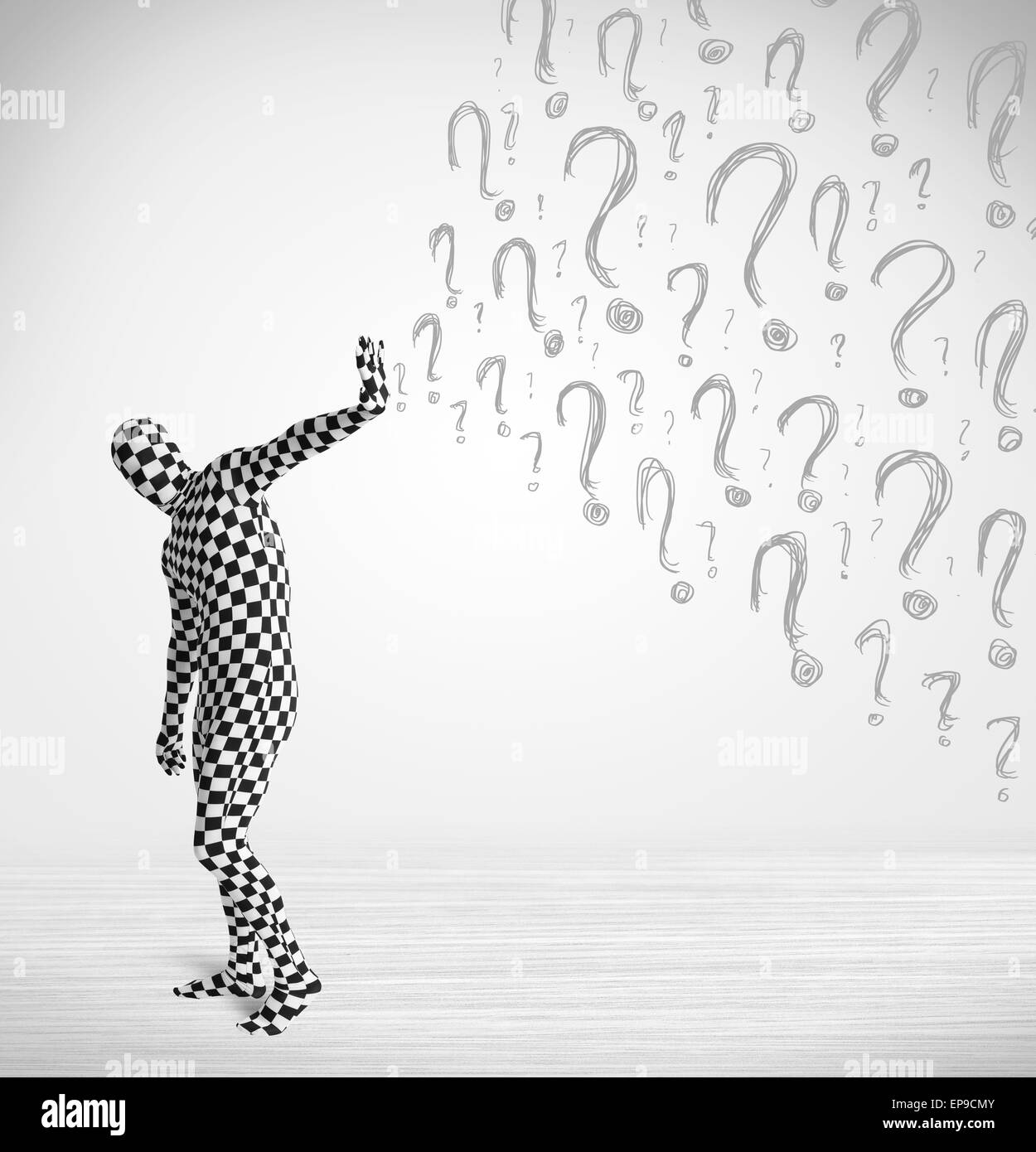 3d human character is body suit looking at hand drawn question marks ...