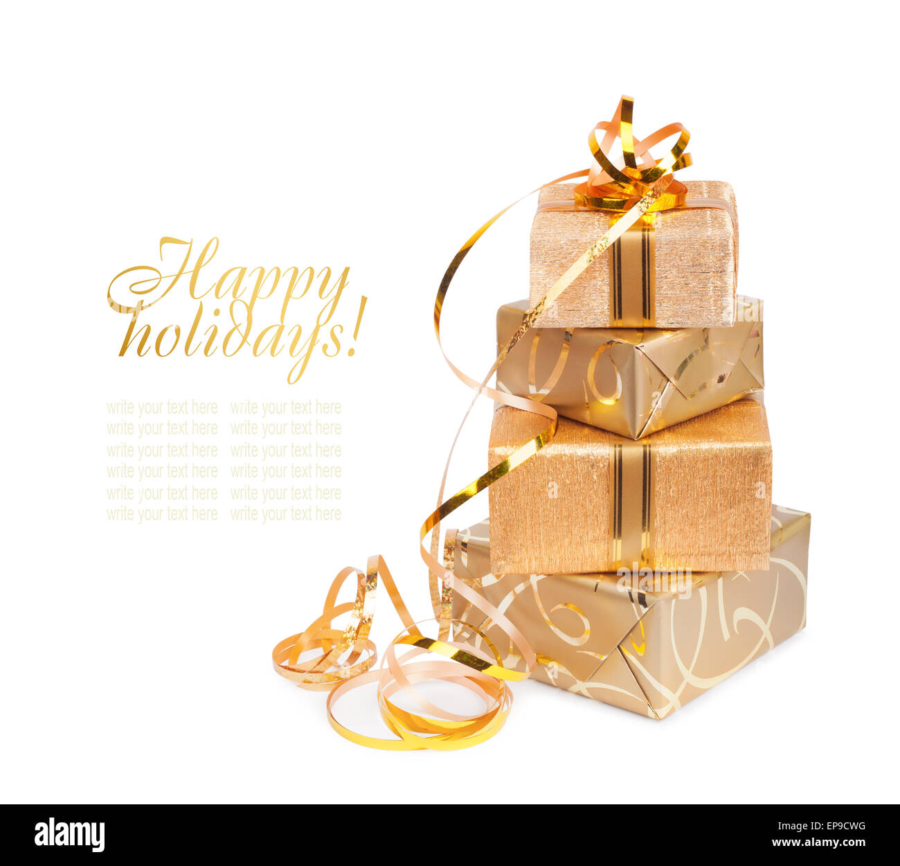 Beautiful Gift box in gold wrapping paper isolated on a white ...