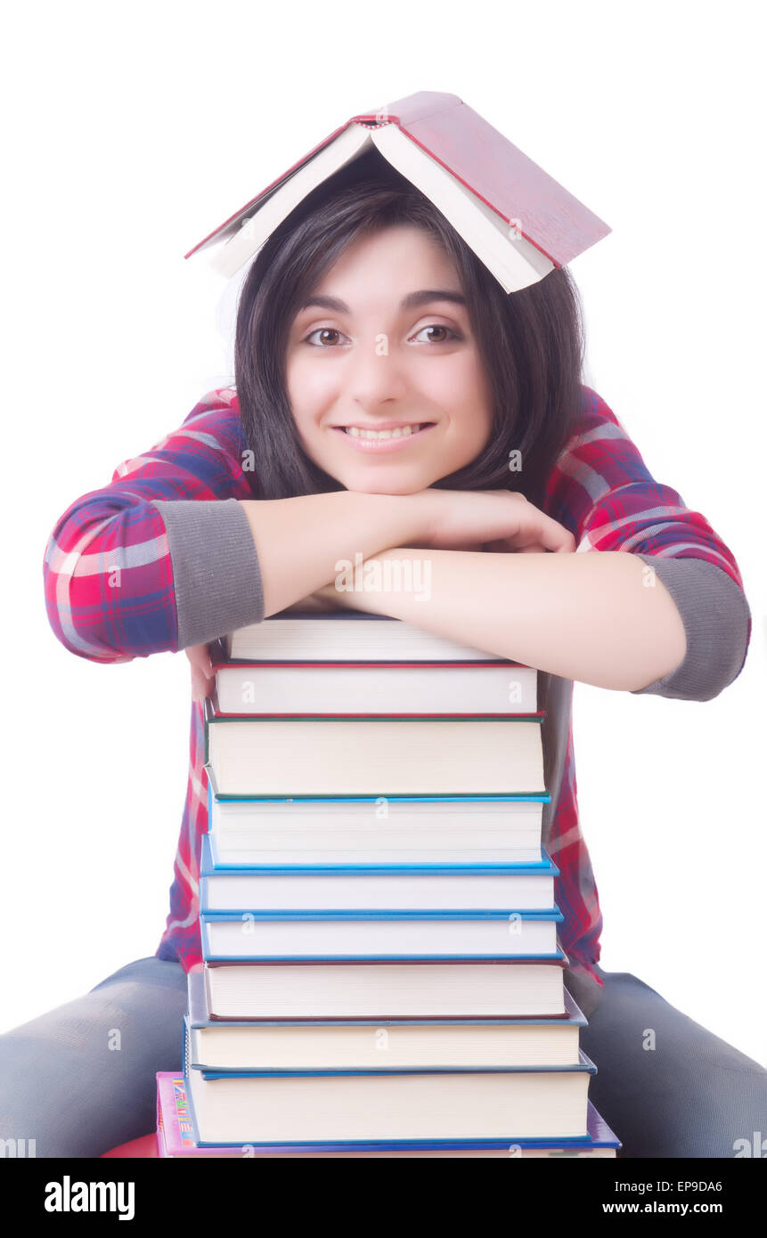 Young female student with books on white Stock Photo - Alamy