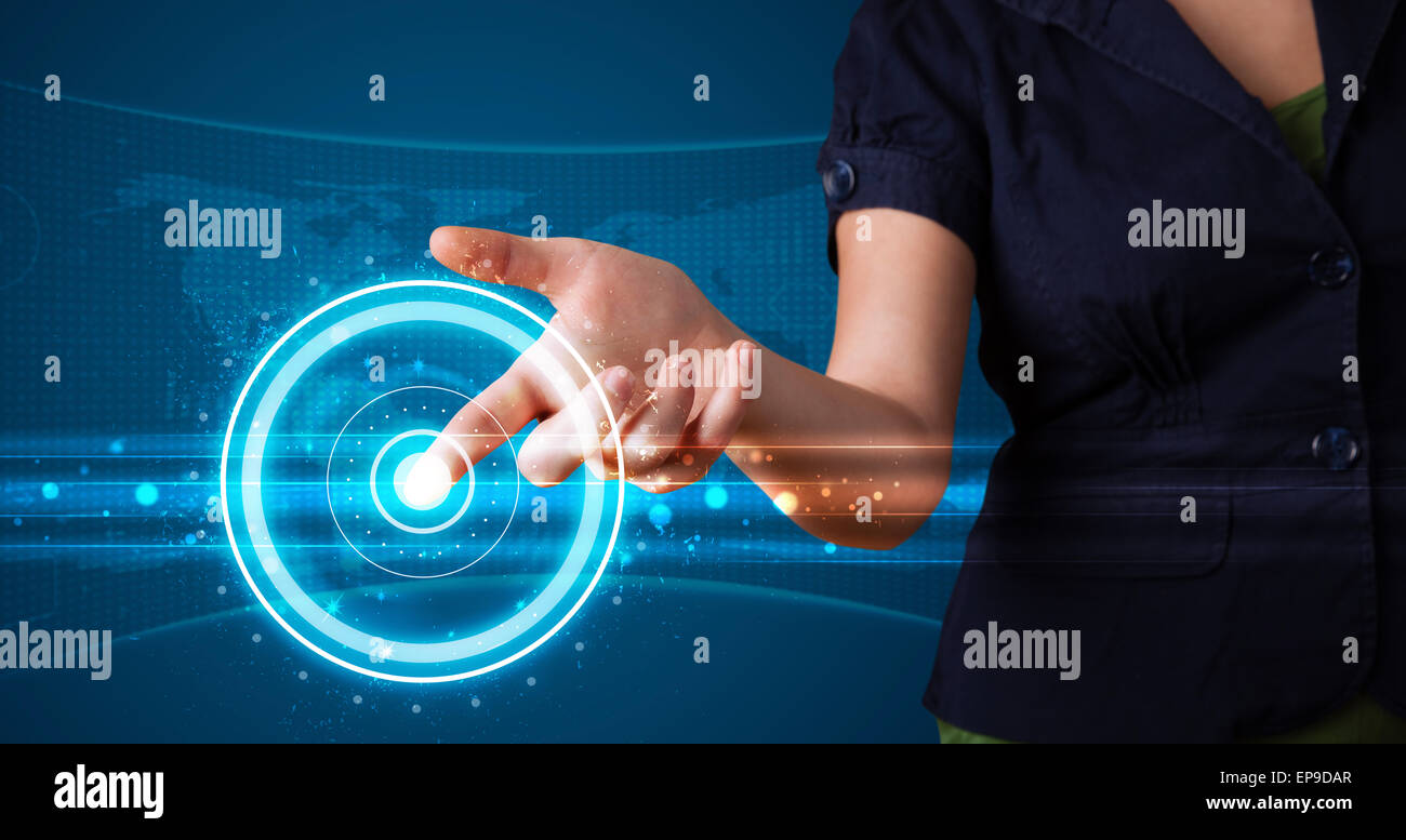 Woman pressing high tech type of modern buttons Stock Photo - Alamy