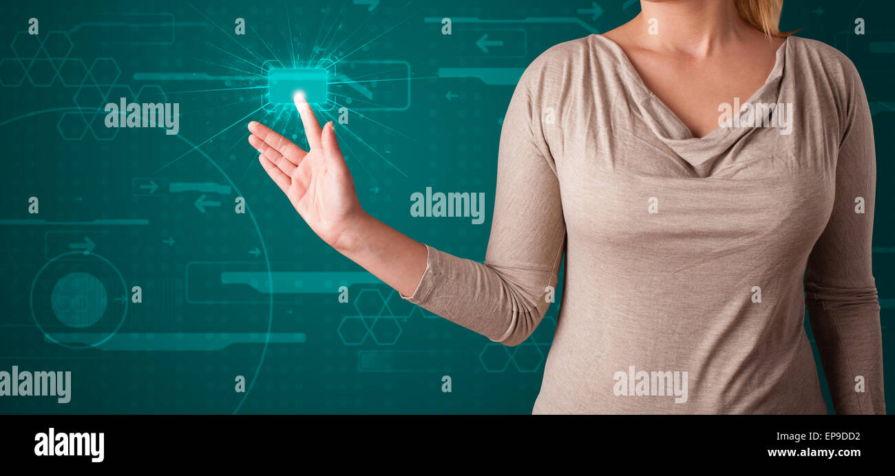 Woman pressing high tech type of modern buttons Stock Photo - Alamy