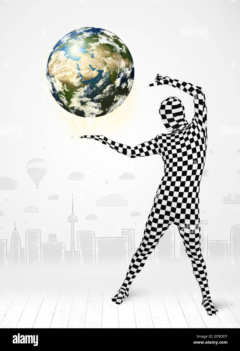 man in full body suit holding planet earth Stock Photo - Alamy
