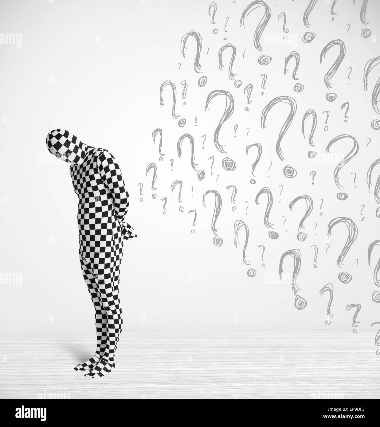 3d human character is body suit looking at hand drawn question marks ...