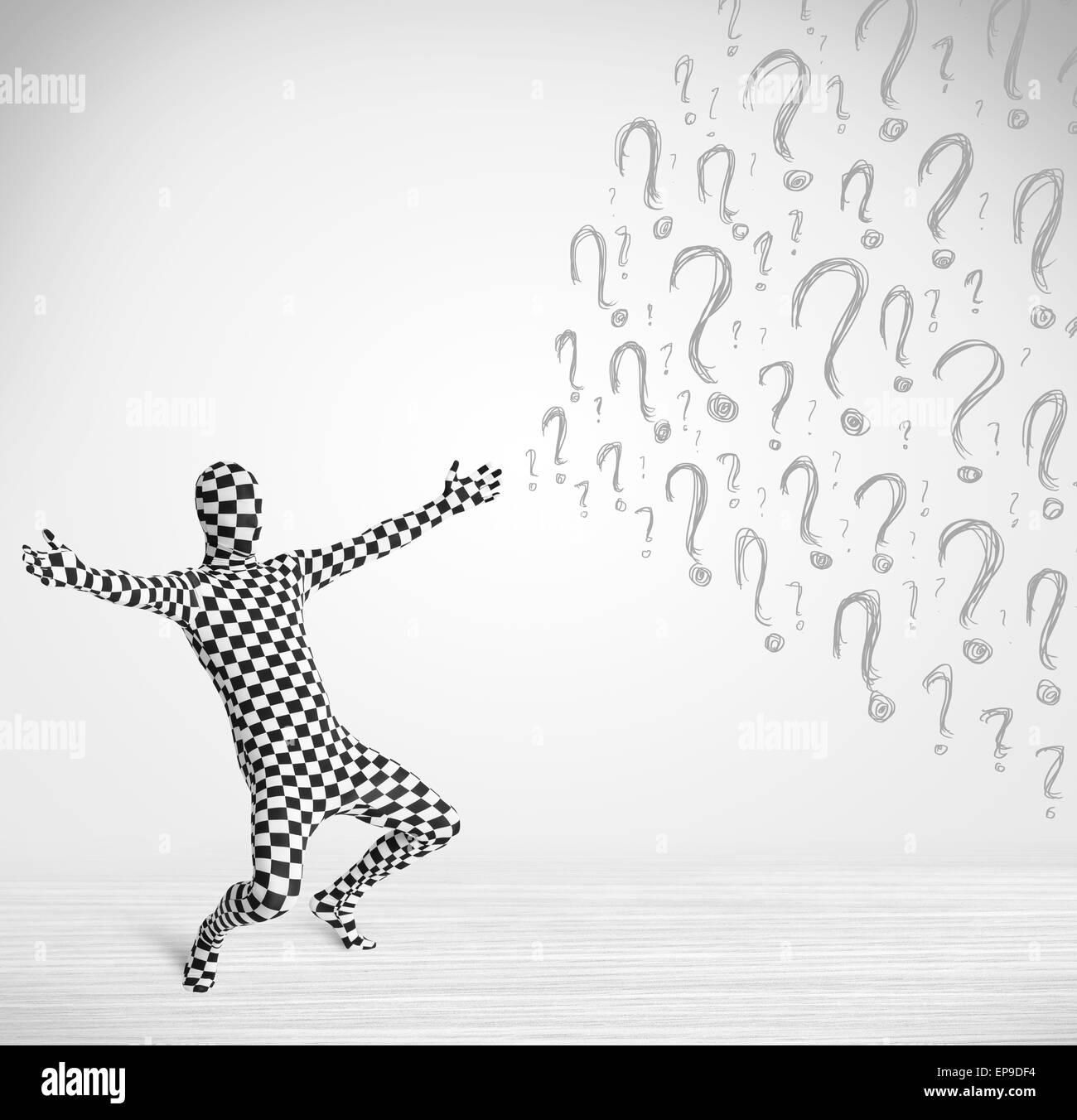 3d human character is body suit looking at hand drawn question marks ...