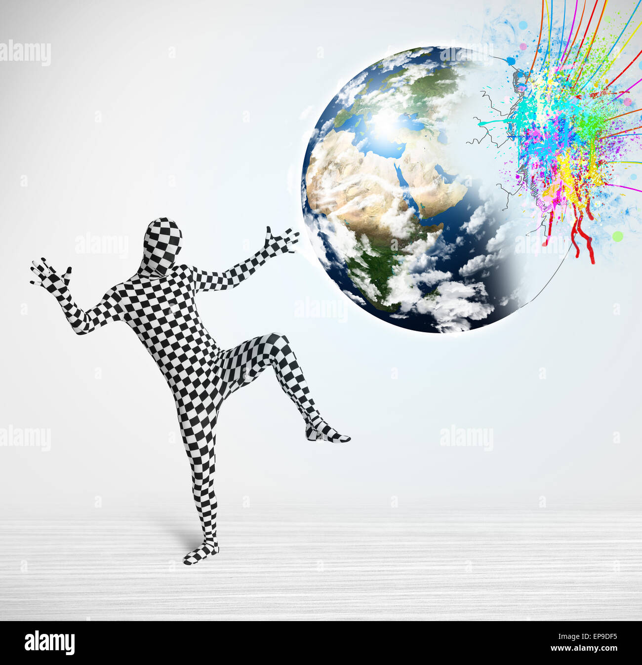 Funny man in body suit looking at colorful splatter earth Stock Photo ...
