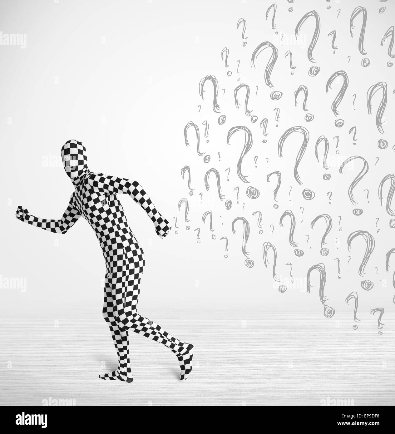 3d human character is body suit looking at hand drawn question marks ...