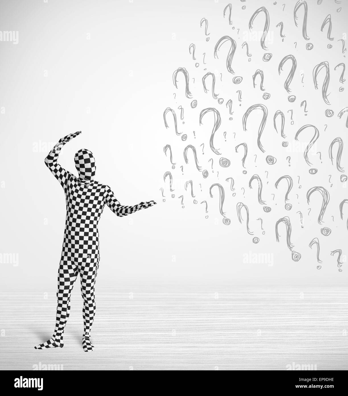 3d human character is body suit looking at hand drawn question marks ...