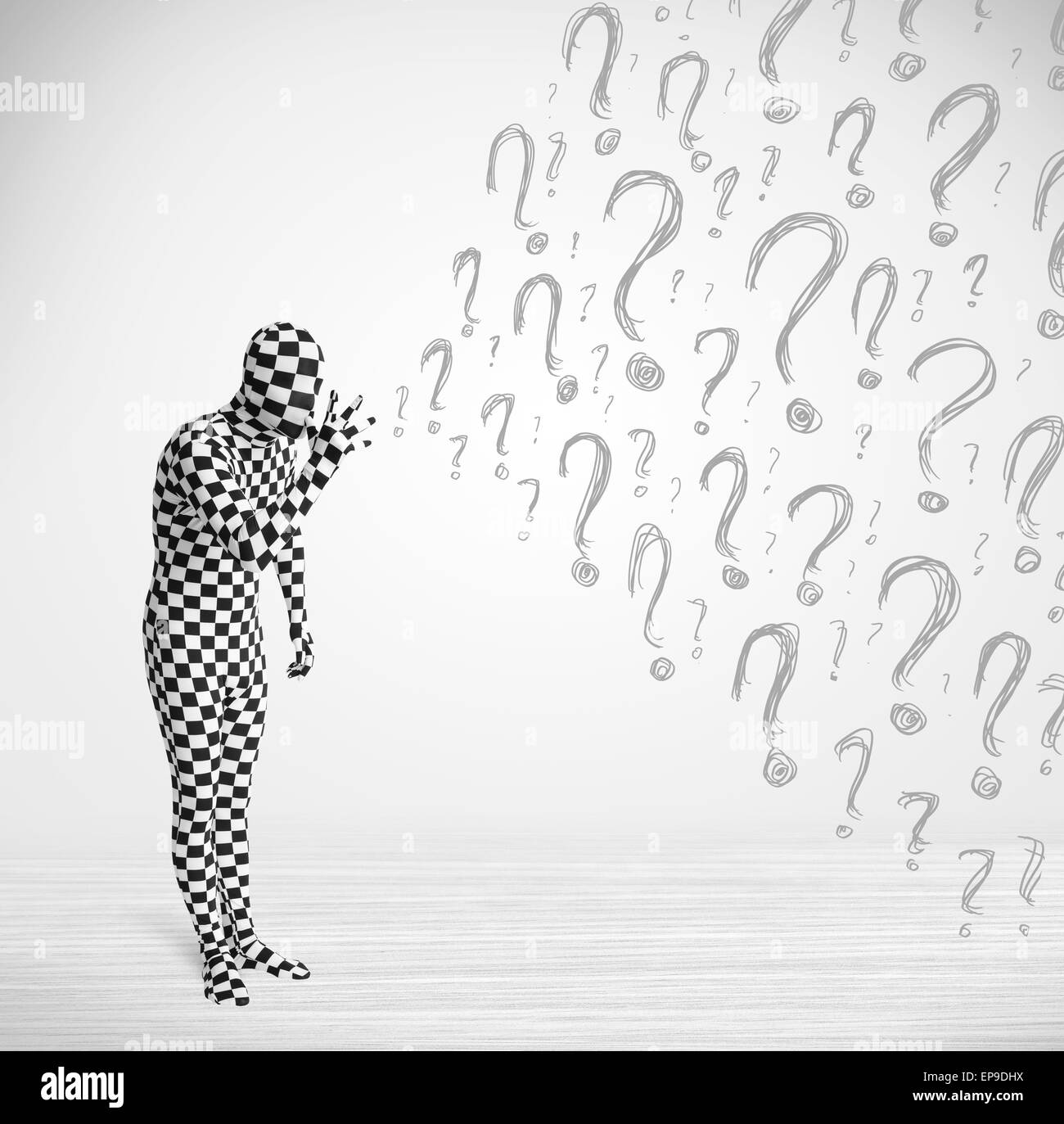 3d human character is body suit looking at hand drawn question marks ...