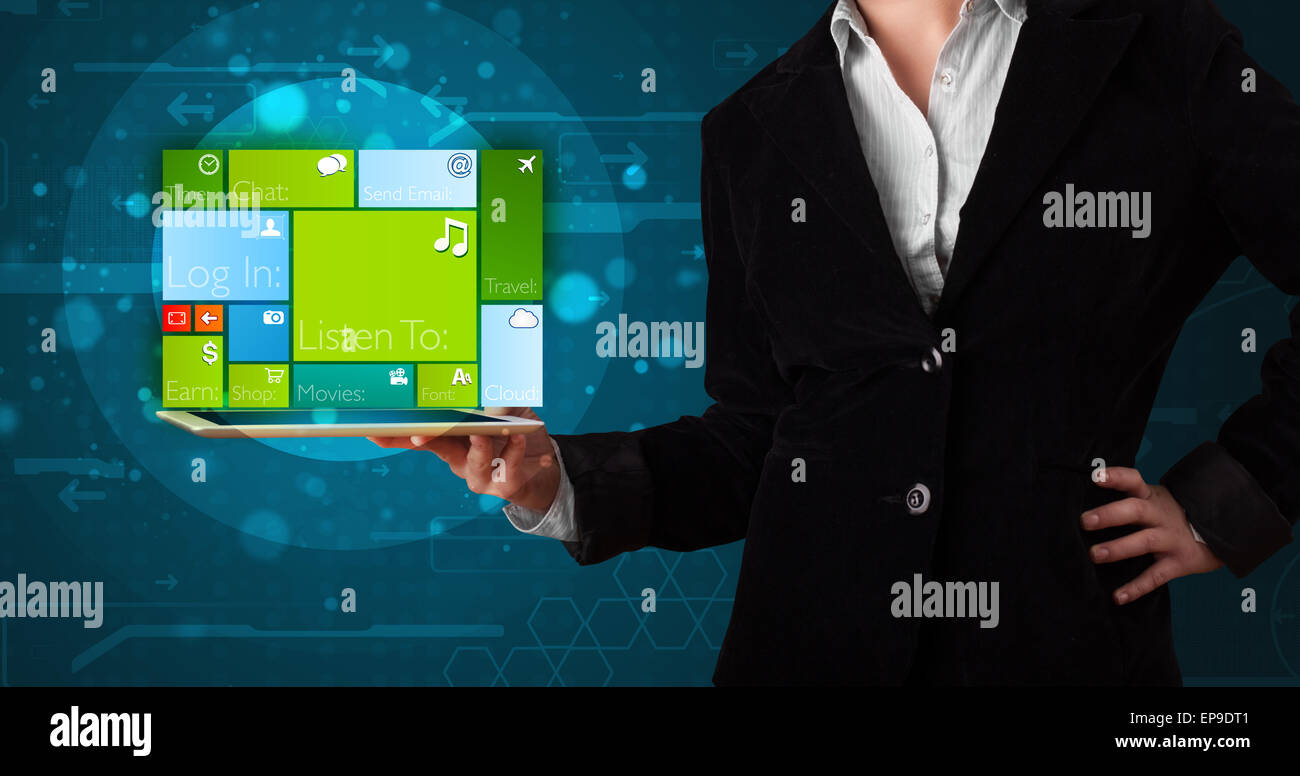 Lady holding tablet with modern software operational system Stock Photo ...
