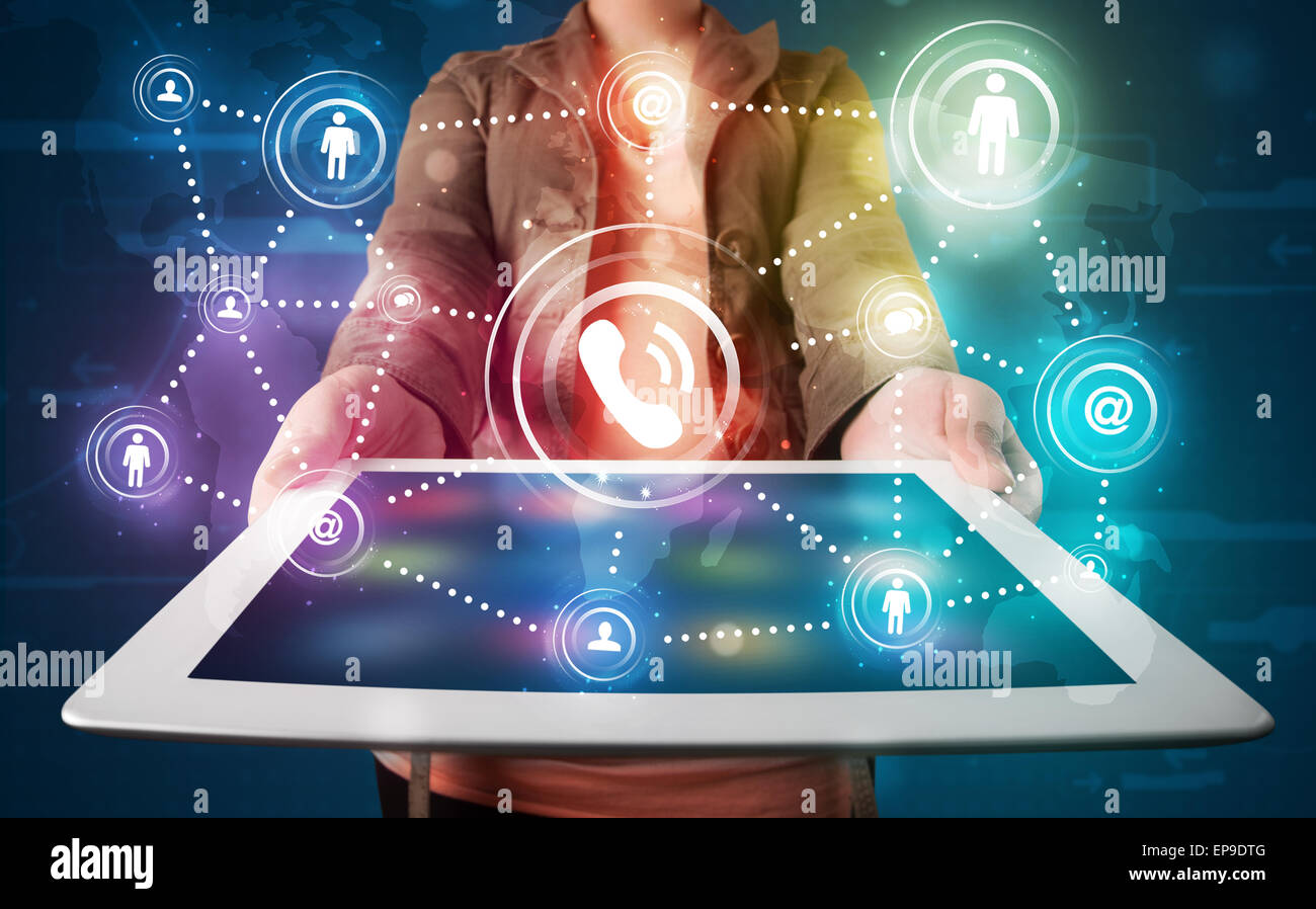 Woman showing social networking technology with colorful lights Stock ...