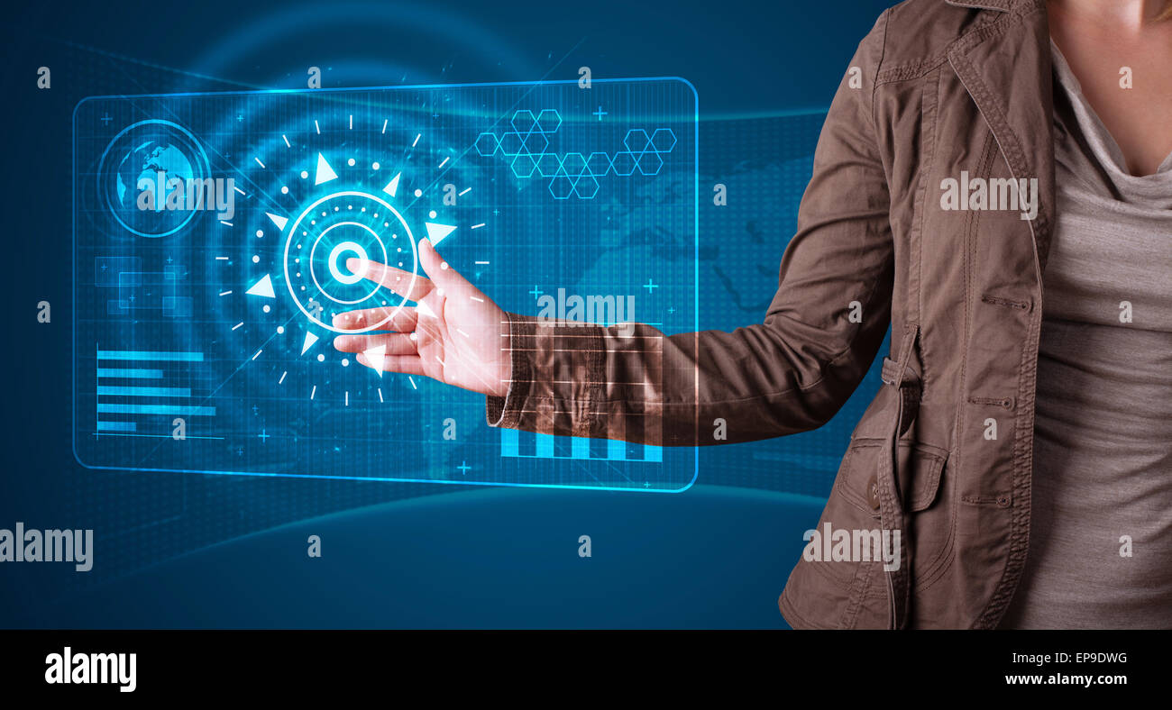 Woman pressing high tech type of modern buttons Stock Photo - Alamy