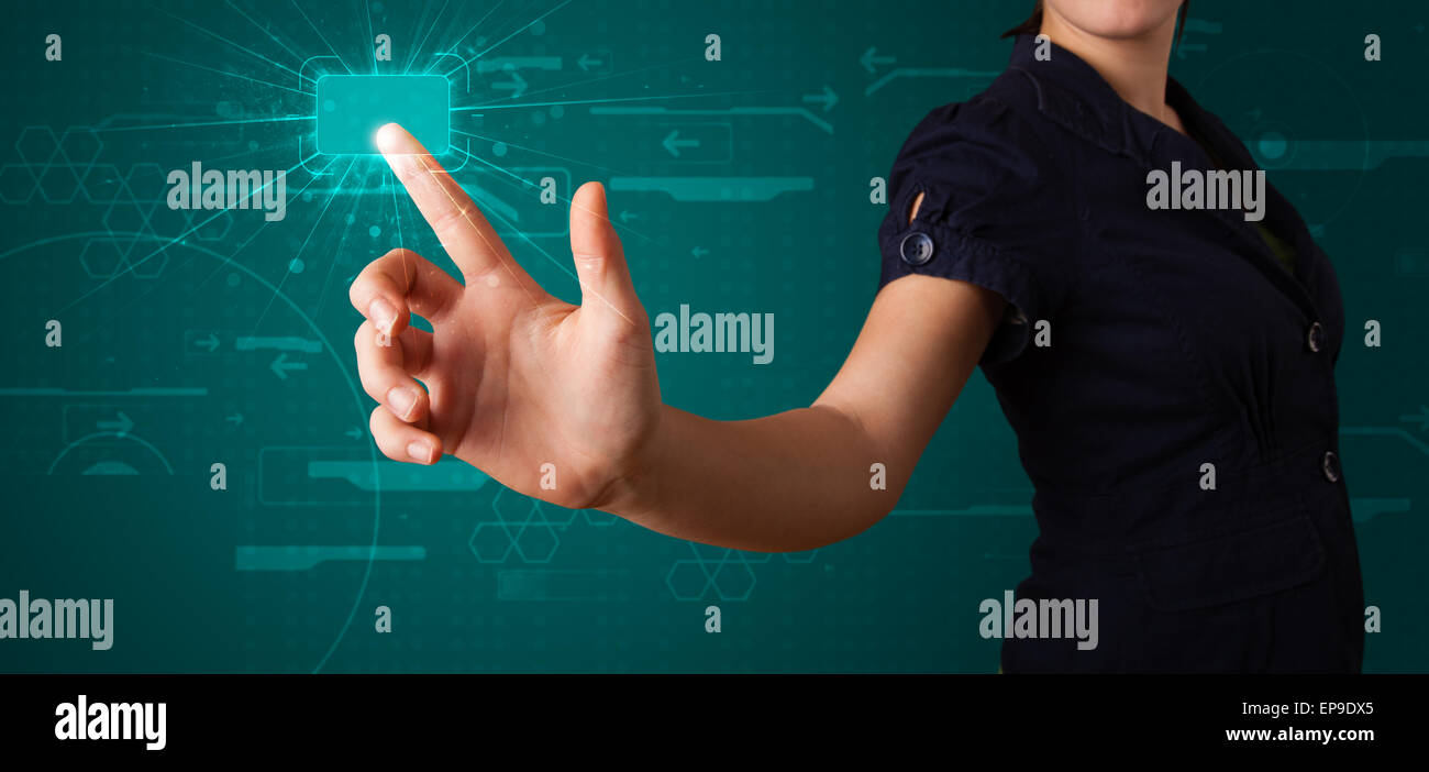 Woman pressing high tech type of modern buttons Stock Photo - Alamy