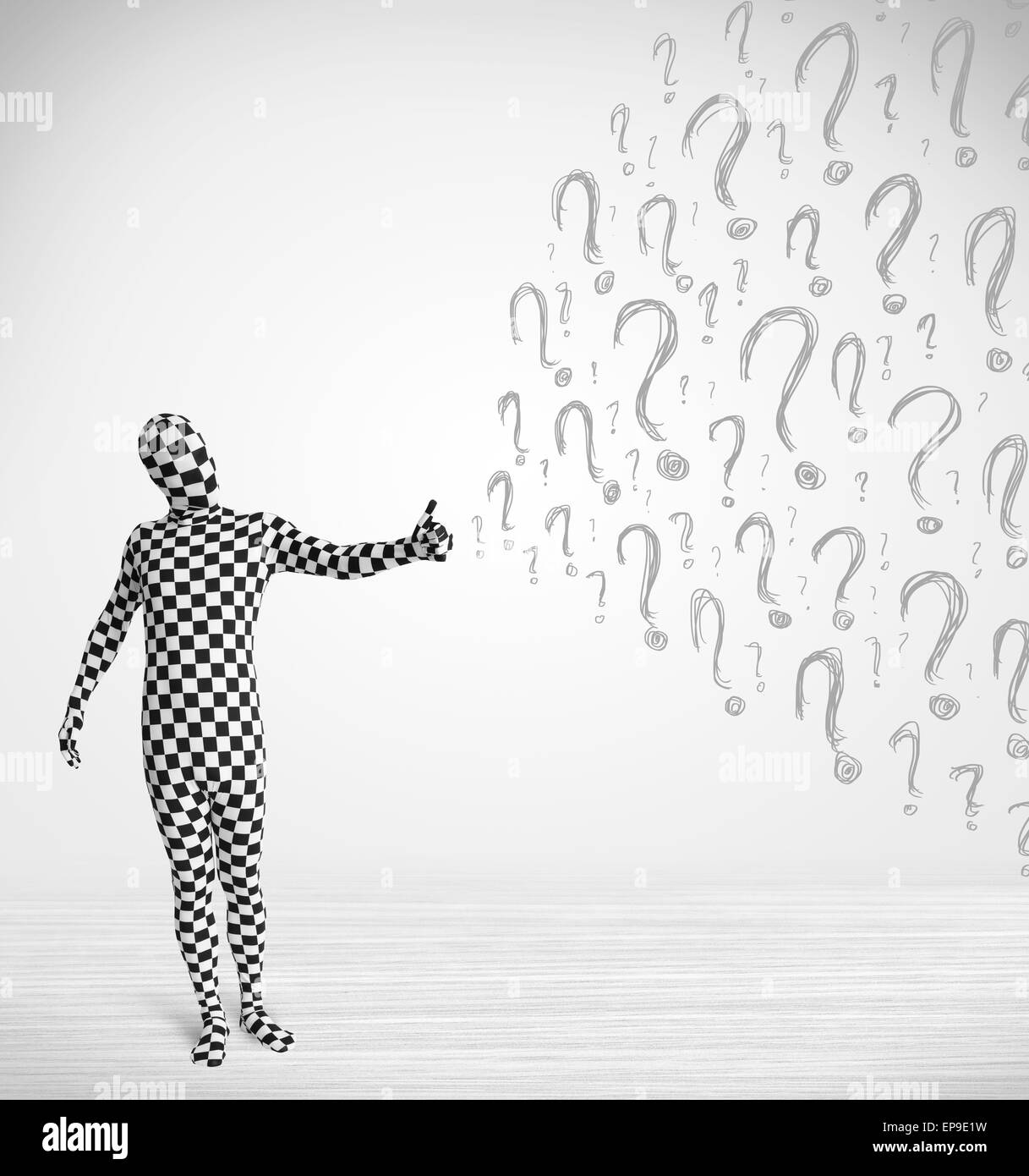 3d human character is body suit looking at hand drawn question marks ...