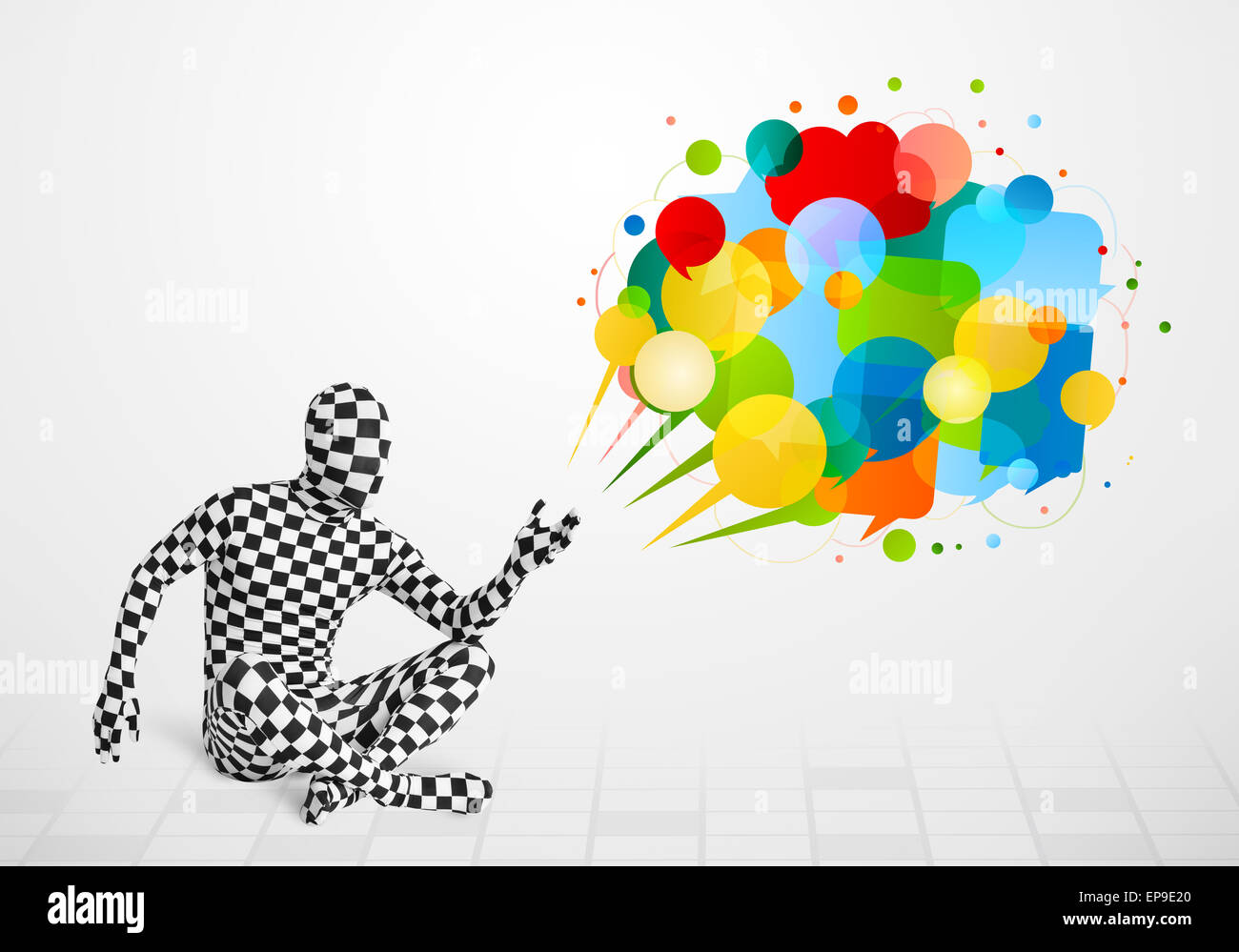 Strange guy in morphsuit looking at colorful speech bubbles Stock Photo ...