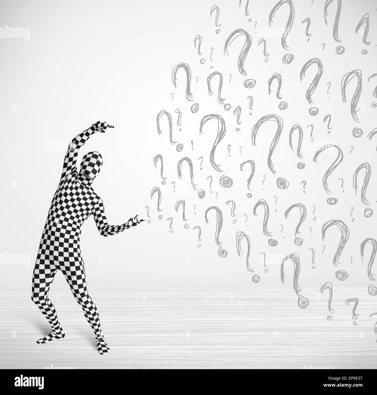 3d human character is body suit looking at hand drawn question marks ...