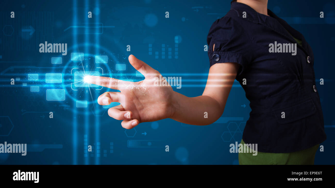 Woman pressing high tech type of modern buttons Stock Photo - Alamy