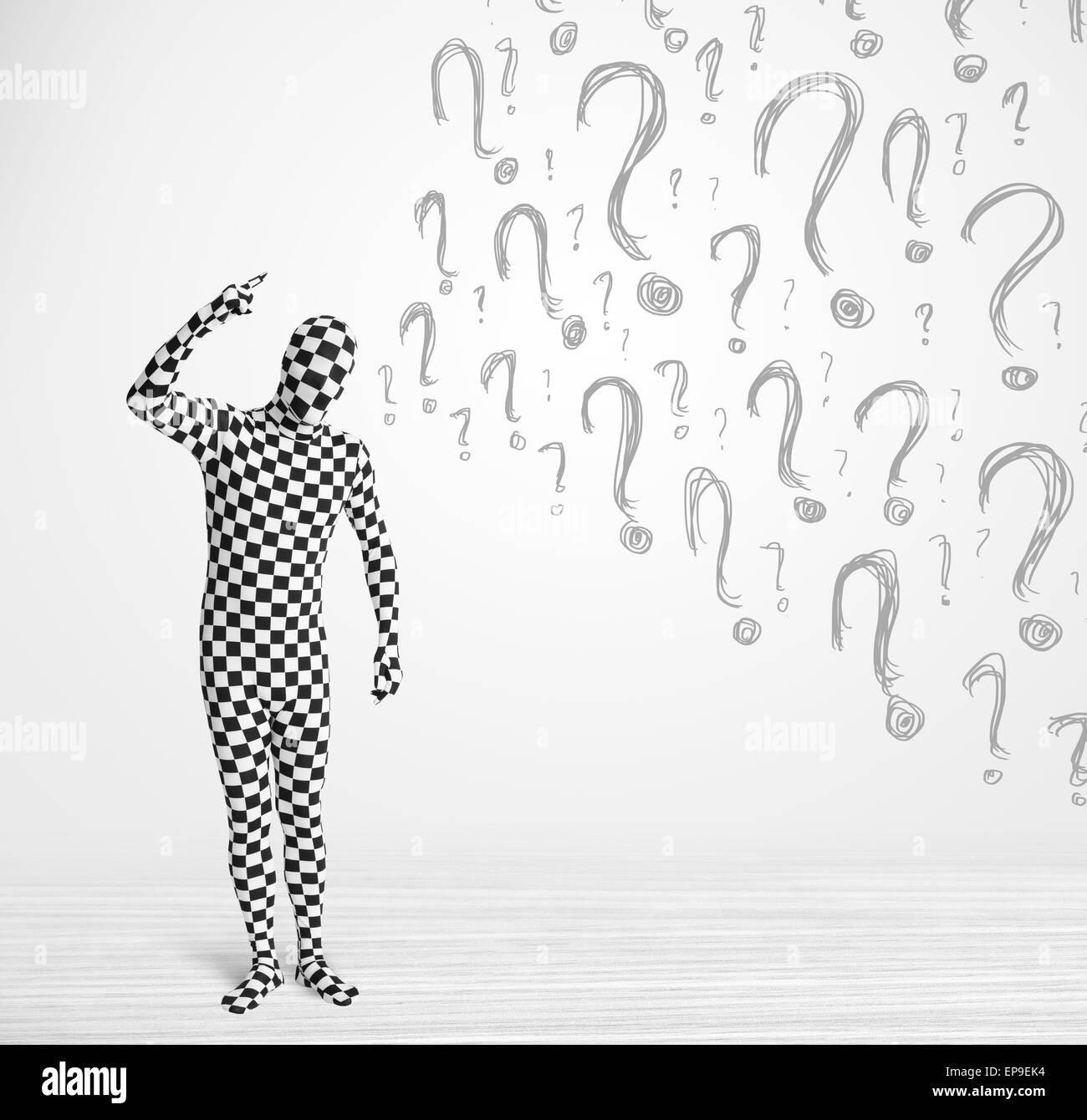 3d human character is body suit looking at hand drawn question marks ...
