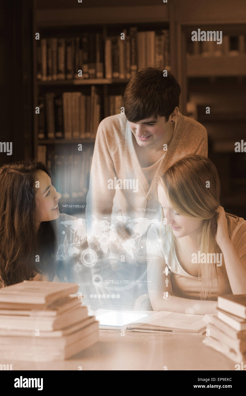 Happy students working together on international trade with futuristic ...