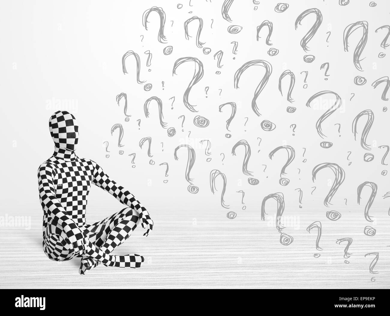 3d human character is body suit looking at hand drawn question marks ...