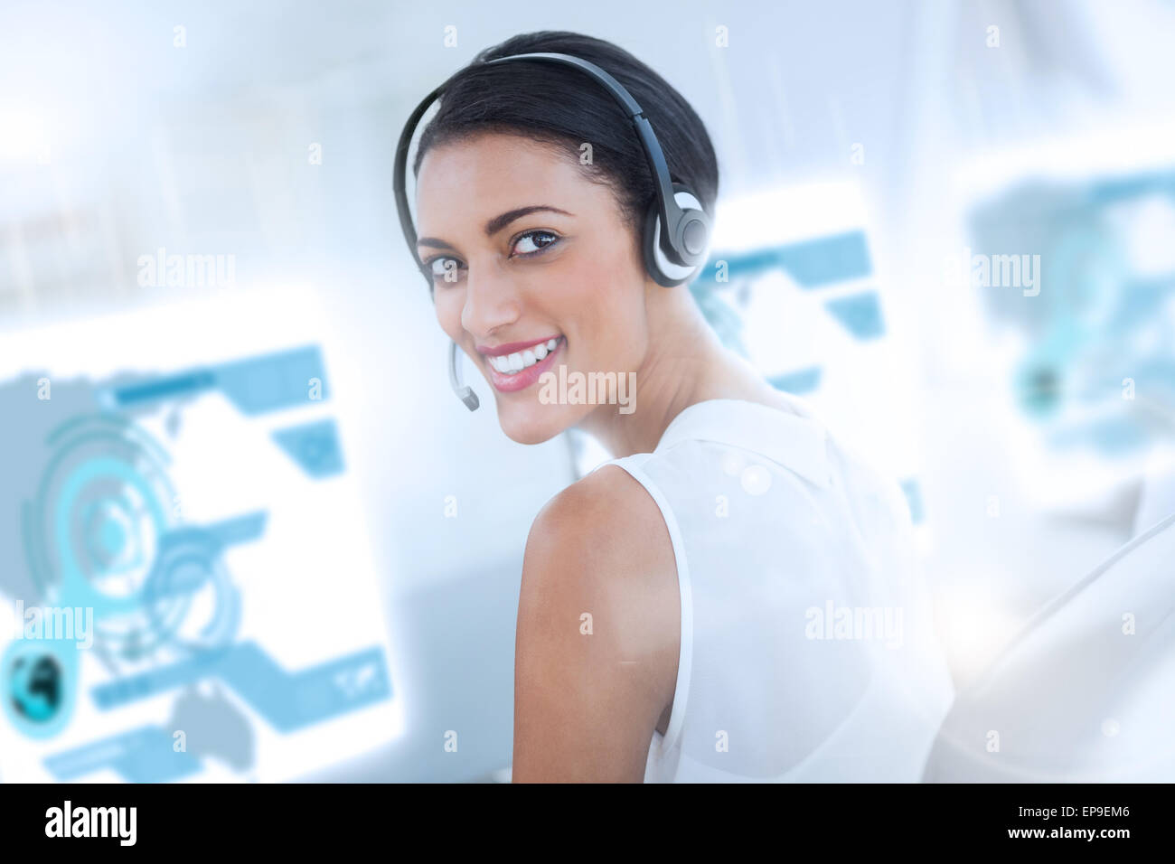 Pretty call center employee using futuristic holographic interface ...