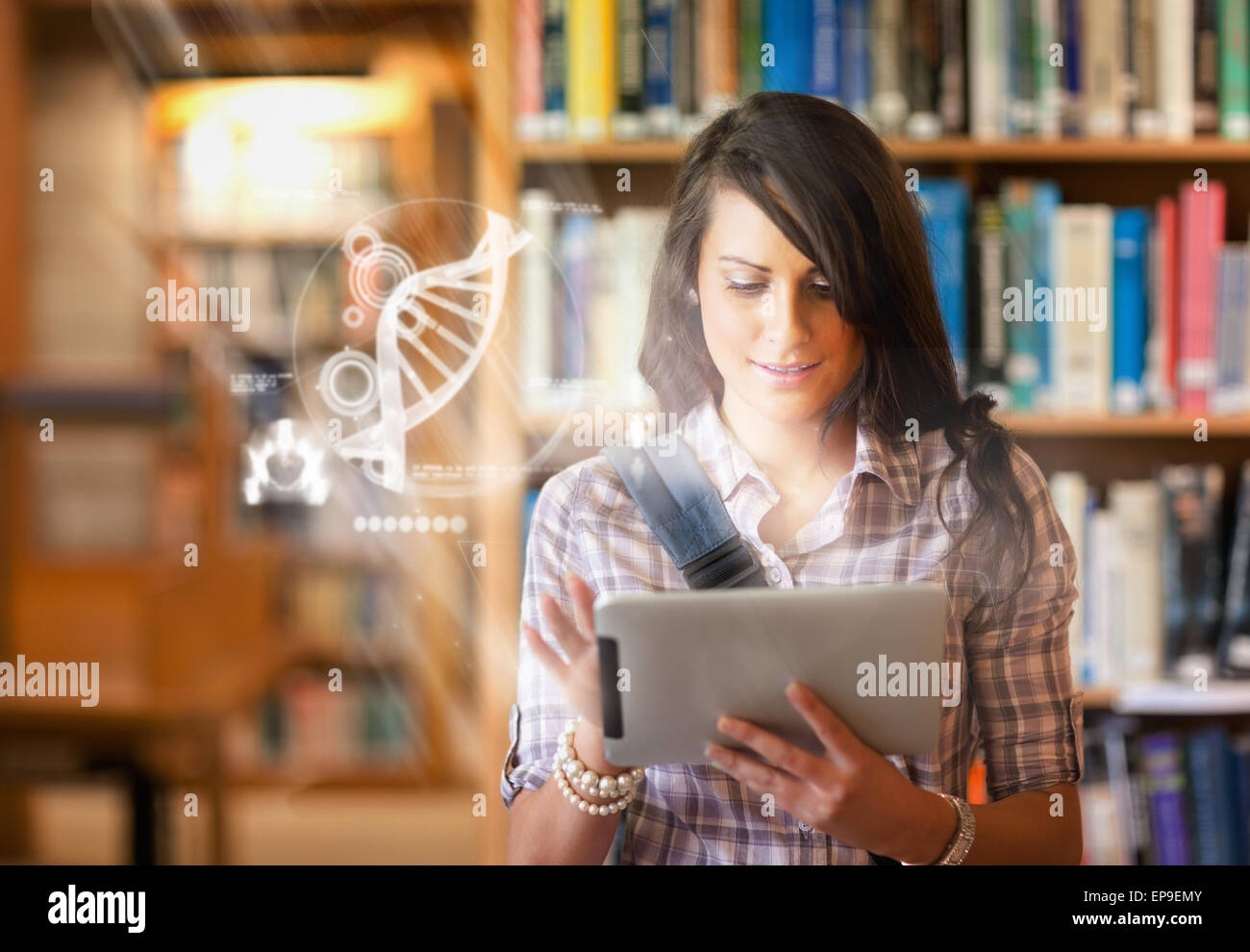 Pretty student using futuristic interface to learn about science from ...